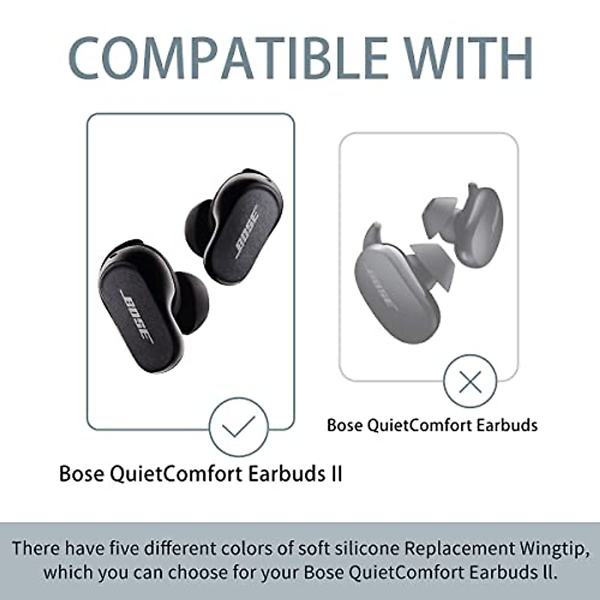 5 Pairs Bose QuietComfort Earbuds II 2022 Replacement Wingtip,YINPINJIA[Fit in The Charging Case]Silicone EarTips Accessories Compatible with Bose QuietComfort Earbuds II(Black/Blue/Red/Orange/Green)