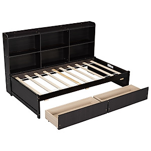 HoRunzelin Twin Size Platform Bed with Bookcase and 2 Storage Drawers, Pine Wood Daybed Captains Bed with Bookshelf for Kids Boys Girls, Espresso