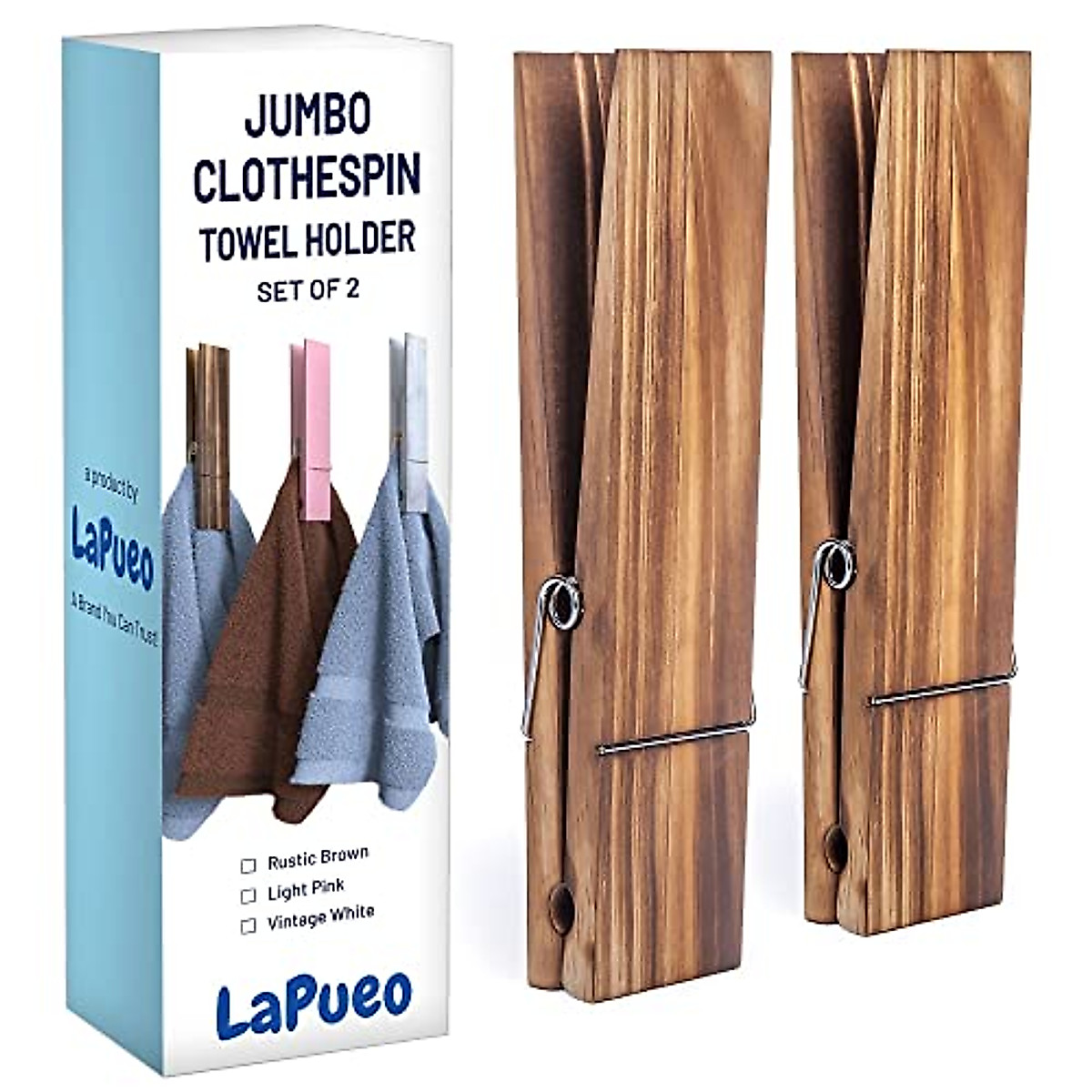 Jumbo Clothespin Bathroom Towel Holder - 2 Pieces Giant Clothespins 12 Inch - Wooden Towel Racks for Bathroom Wall Mounted and Adhesive - Rustic Towel Rack - Farmhouse Towel Holder Laundry Decor