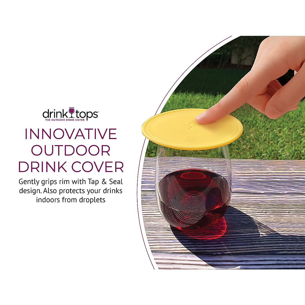 Drink Tops Tap and Seal Outdoor Drinking Glass Cover - Gently Suctions to Glasses to Keep Particles Out & Reduce Splashing - Perfect for Wine Glasses, Coffee/Tea Mugs & Glasses - Vintage Pinot