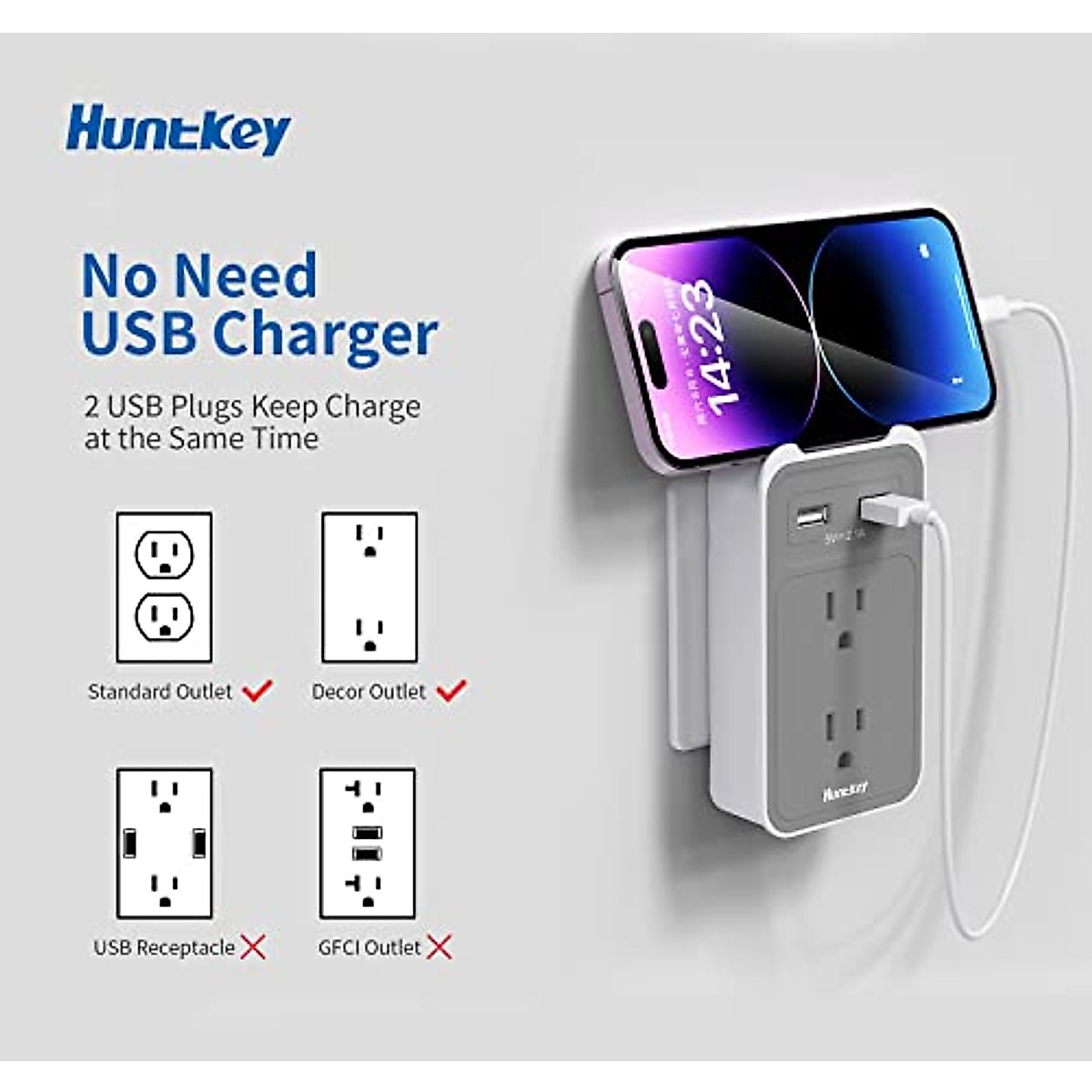 Outlet Extender with Multi Plugs, Huntkey Multi USB Plug Outlet Splitter W. Phone Cradle & 2 USB A Plug Charging Port （No Surge Protector)