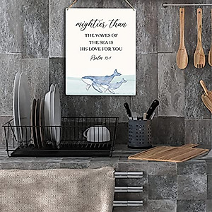 Inspirational Nautical Ocean Whale Decor Mightier Than The Waves of The Sea Psalm 93:4 Wooden Hanging Sign Gift for Baby Kids Girl Boy Nursery Teen Room Bible Verse Wall Art 8 x 10 Inches