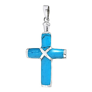 AeraVida Christian Cross Simulated Blue Turquoise Inlay .925 Sterling Silver Pendant