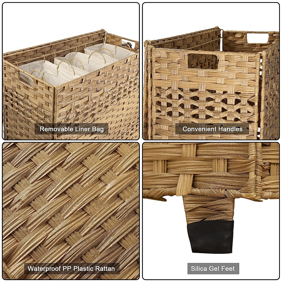 OIAHOMY Laundry Hamper with Lid, 135L Clothes Hamper with 3 Removable Liner Bags, Foldable Laundry Hamper for Bedroom, Synthetic Wicker Hamper with Lid, 27x 13 x 26 Inches, Yellow