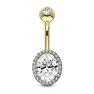 Forbidden Body Jewelry Surgical Steel Double Tiered Fancy CZ Oval Belly Button Ring with Large CZ Center, Clear (Gold Tone)