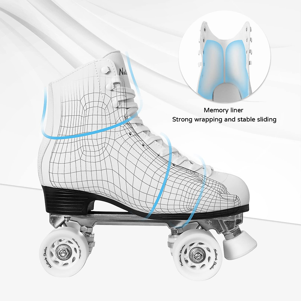 Roller Skates for Women with PU Leather High-top Double Row Rollerskates, Unisex-Adult Indoor Outdoor White Derby Skate Size 7 with Adjustable Fast Braking for Beginner