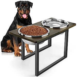 Siooko Elevated Dog Bowls for Large Dogs, Wood X-Large Dog Raised Dog Bowl Stand with Two 3.5L Stainless Steel Dog Food & Water Bowls for Extra Large Dogs Non-Slip Feet (11.8" Tall, 118 oz Bowl)