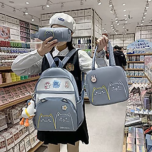DAHUOJI 3PCS Kawaii Backpack Set 17in Cat Embroidery Backpacks Aesthetic School Bag Cute Bookbag with Lunch Bag,Pencil Box,Duck Pendant & Badge,Blue
