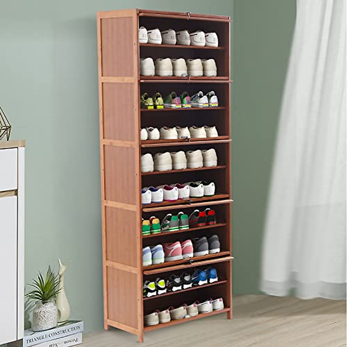 Gdrasuya10 10 Tier Shoe Rack, Tall Bamboo Shoe Storage Cabinet with Doors Freestanding Shoes Storage Shelf Organizer for Entryway Living Room Bedroom, 27.58 x 12.60 x 67.72in