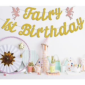 Fairy 1st Birthday Banner, Cute Fairies 1st Birthday Party Decorations, Flower Fairy Girl Happy First Birthday Anniversary Baby Shower Party Supplies Gold Rose Gold