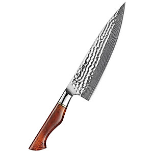 HEZHEN 8.3 Inches Damascus Chef Knife, Damascus Steel Powder Steel Kitchen KnifeHammered Pattern,Natural Rosewood Handle