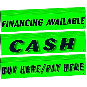 Versa Tags Windshield Slogan Stickers 12 Pack of FINANCING Available Stickers 12 Pack of Cash Slogans 12 Pack of Buy HERE Pay HERE Window Stickers (36) Dealership Stickers Black On Green