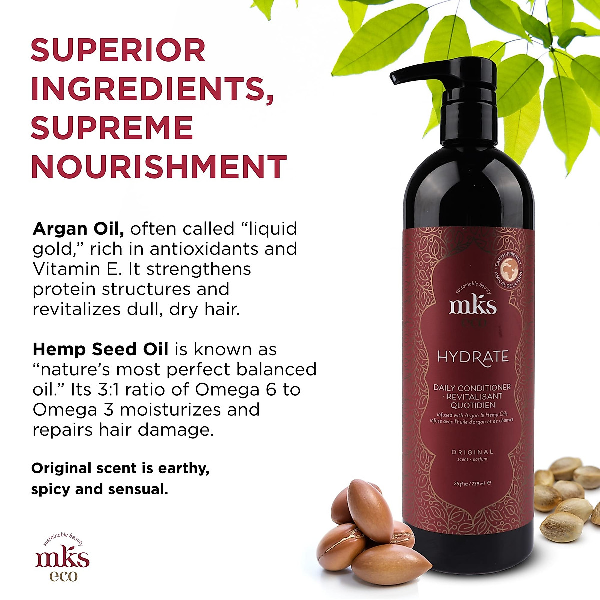 MKS eco Hydrate Conditioner, Original Scent - 25 fl oz - Nourish & Moisturize Hair, Protect Against Breakage - Moroccan Argan Oil, Hemp Seed Oil - Vegan, Cruelty Free