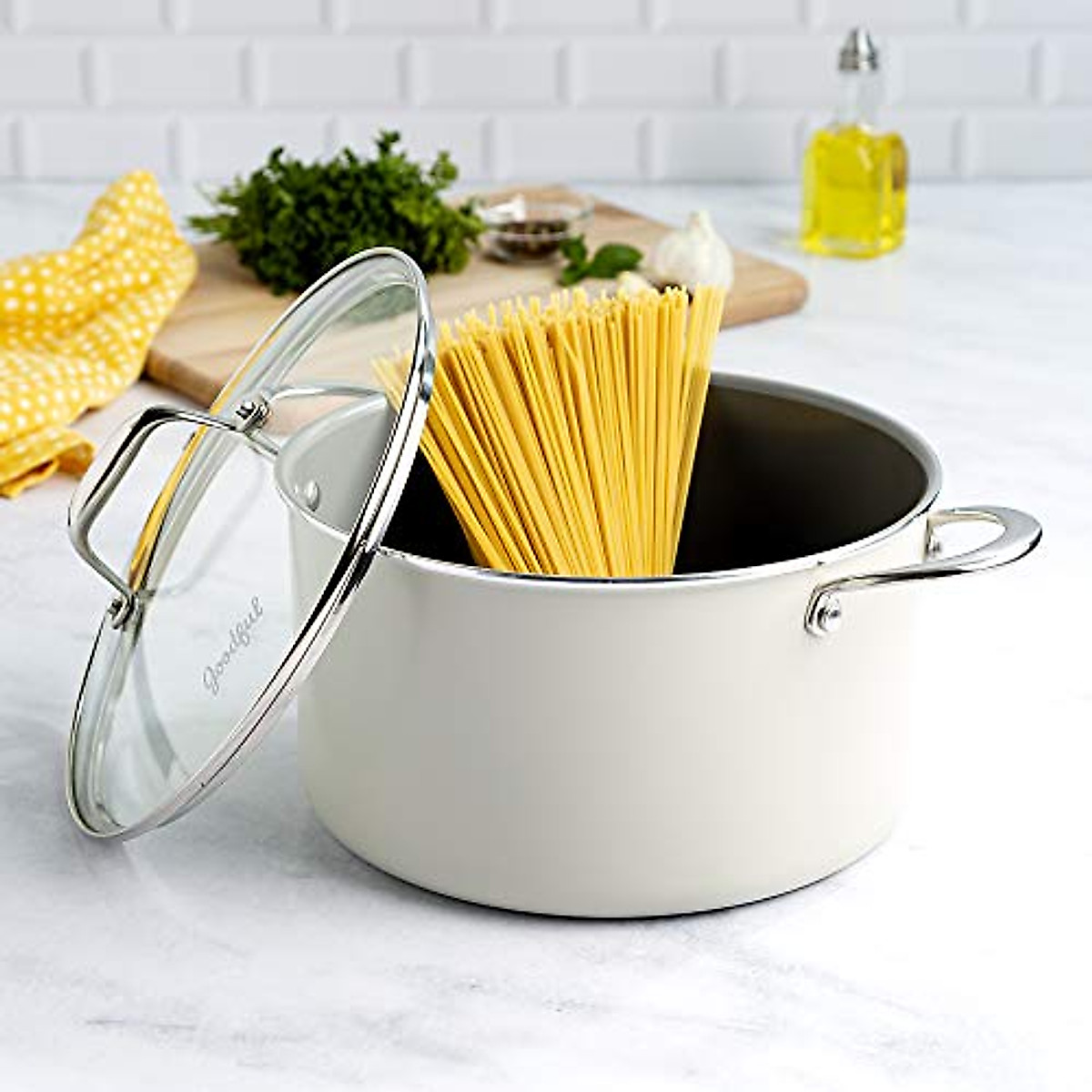 Goodful Ceramic Nonstick 6 Quart Stock Pot, Dishwasher Safe Pots and Pans, Comfort Grip Stainless Steel Handle, Made without PFOA, Cream