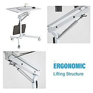 Mobile Sit Stand Desk - Height Adjustable Standing Laptop Desk Cart Rolling Couch Table on Wheels White Workstation with Gas Spring Riser for Home Office Classroom