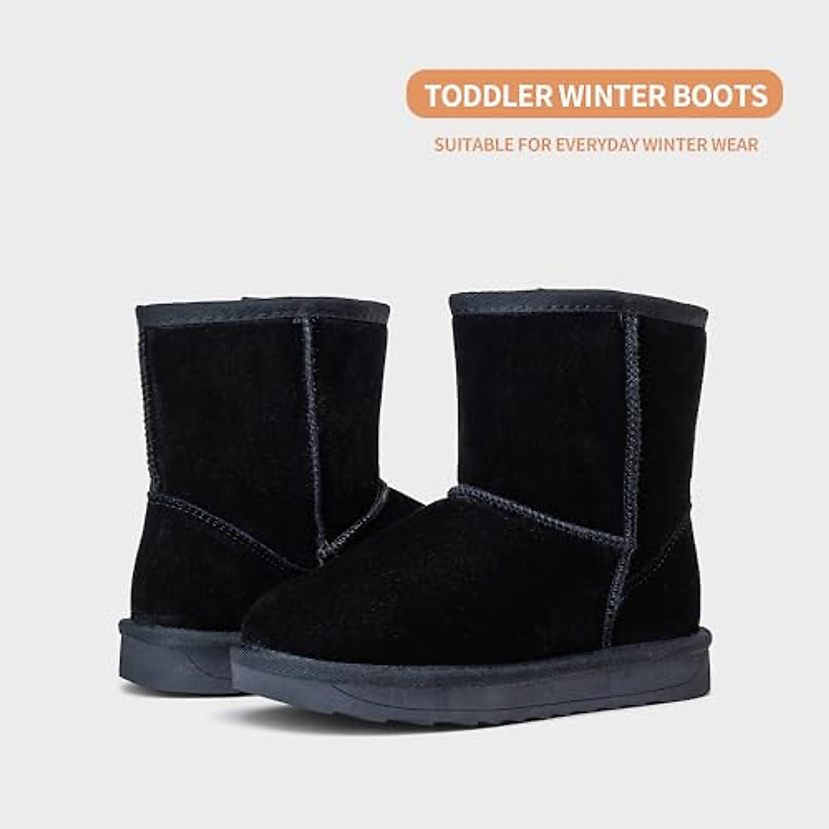 Vepose Boy's Girl's Snow Boots Black Cow Suede Leather Warm Classic Booties for Big Kids Size 4(CTX827 Black 04)