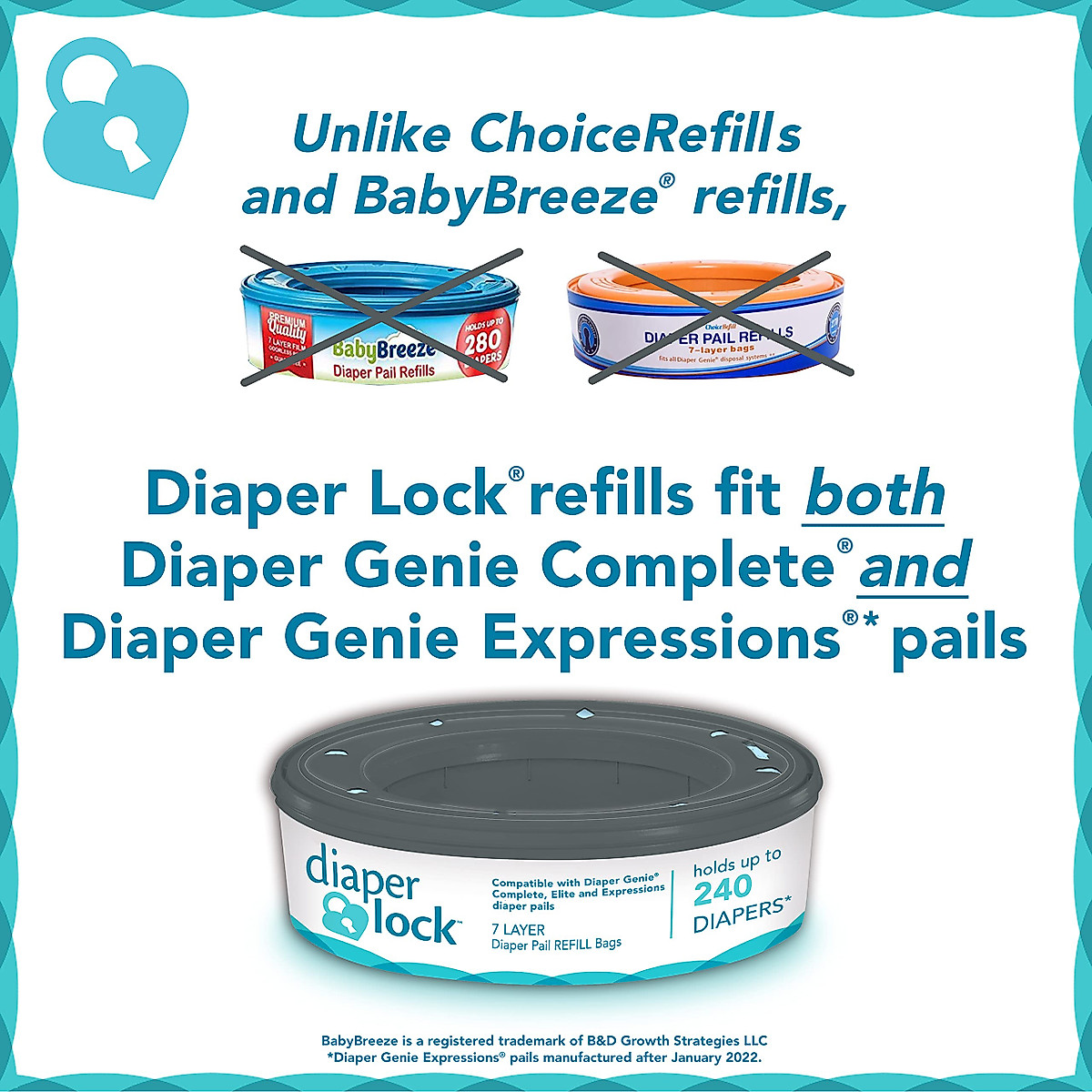 Diaper Lock Refills for Diaper Genie Pails | 240 Count (4-Pack) | Compatible with All Diaper Genie Complete, Expressions, Essentials, Elite and Quick Caddy Pails