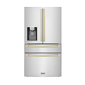 ZLINE 36" Autograph Edition 21.6 cu. ft 4-Door French Door Refrigerator with Water and Ice Dispenser in Stainless Steel with Champagne Bronze Square Handles (RFMZ-W-36-FCB)