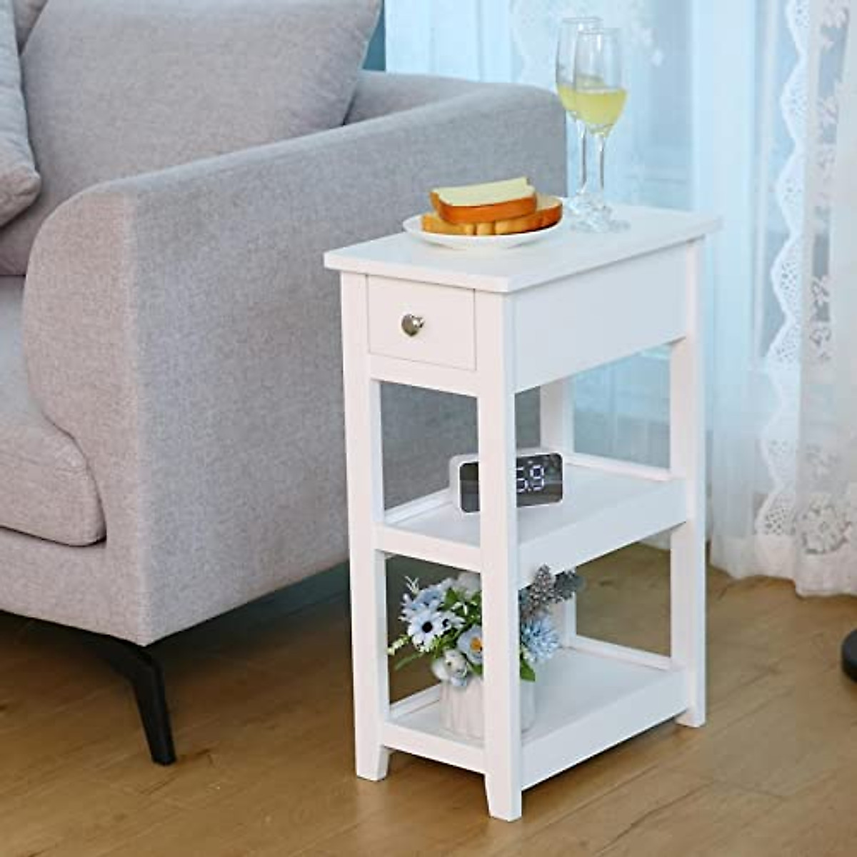 SEJOV End Table, 3-Tier White Nightstand with Drawer and 2 Shelves, Wood Look Accent Narrow Side Tables Living Room Bed Room Office, White