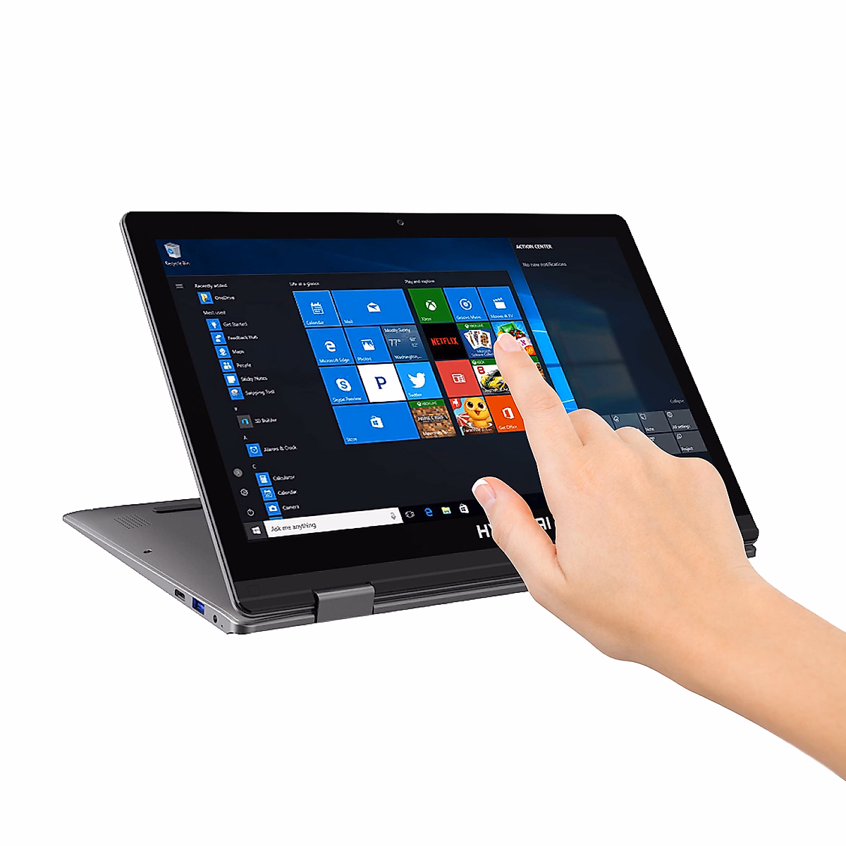 HYUNDAI HY HyFlip 13.3 inch Touch Screen Laptop, Intel Apollo Lake Celeron N3350, 4GB RAM, 64GB eMMC, Windows 10 Home S, MicroSD Slot, 13.3" 1920x1080 FHD Display, WiFi & Bluetooth Space Grey, 5000mAh