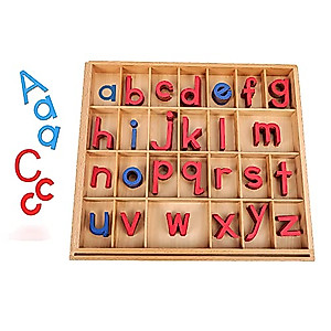 JE JOUE Montessori Letter Work Learning Materials Wooden Small moveable Alphabet Language Objects with Box (Red & Blue)