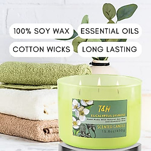 Stress Relief Aromatherapy Candle for Men & Women - Eucalyptus Jasmine 3 Wick Candle with Lavender, Mandarin & Balsam - Strong Scented Candles for Home 15.8 oz - Natural Soy Candles, Eucalyptus Candle