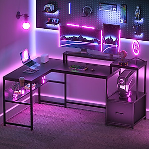 GreenForest 69 inch L Shaped Computer Desk, Corner Desk with Drawers and Power Outlet, Home Office Desk, Gaming Table with Storage and Long Monitor Shelf, Black