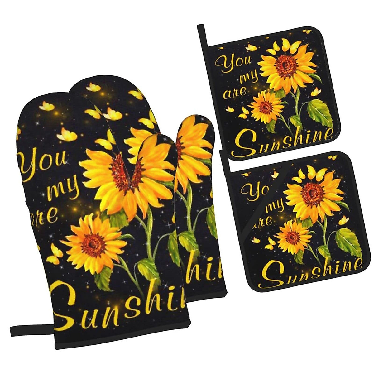 You are My Sunshine Sunflower Oven Mitts and Pot Holders Sets 4 Pcs Set, Heat Resistant Oven Gloves Hot Pad for Kitchen Cooking Baking BBQ