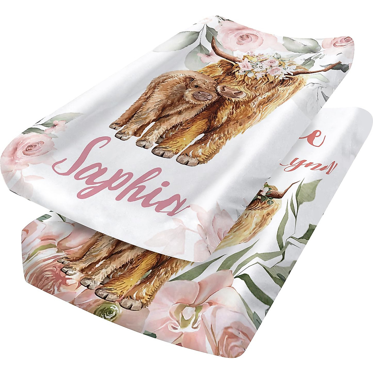 Personalized Changing Pad Cover, Custom Diaper Change Table Sheets with Name, Pink Floral Highland Cow Soft Jersey Knit Change Table Sheets for Girls, 2 Pack Changing Pad Covers (16" x 32")