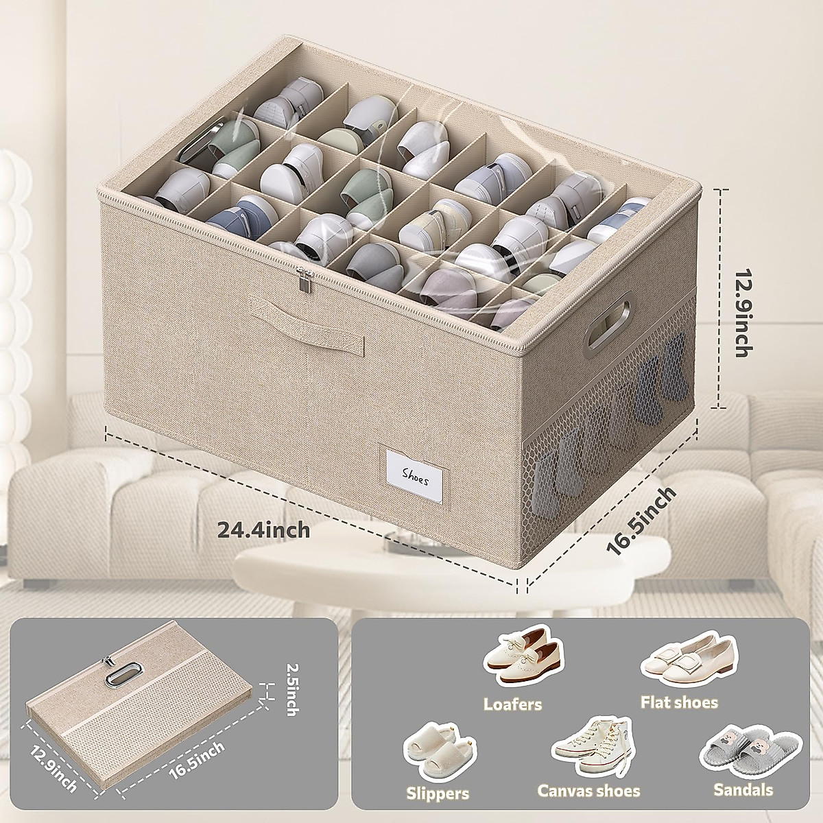 Shoe Organizer for Closet,Shoe Box Storage Containers Fit 18 Pairs,Foldable Shoe Storage Bins with Clear Cover & Adjustable Dividers for Shoes,Blankets,Linen,Clothing