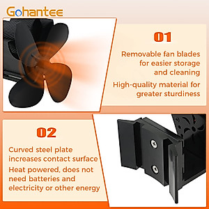 gohantee Heat Powered Stove Fan 4 Blades, Flue Pipe Hanging Fireplace Fan for Wood Logs Burners Fireplace Eco Friendly Efficiently Wood Stove Pipe Fan with Thermometer