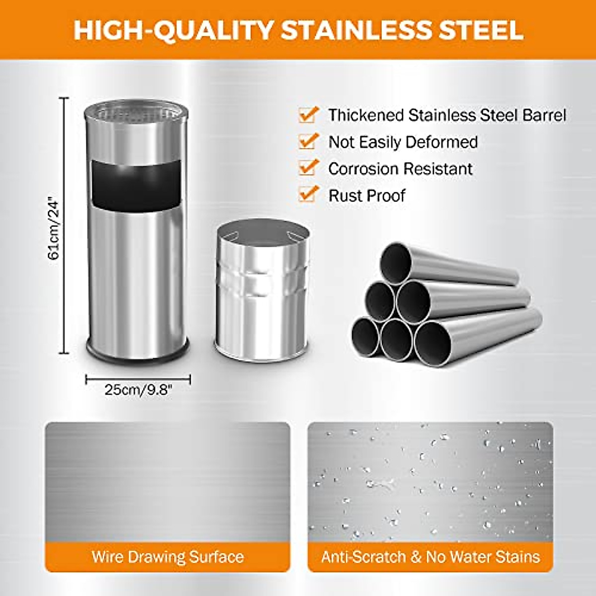 BEAMNOVA Bundle Black 15 x 31.5 in + Metallic 9.8 * 24 in Commercial Stainless Steel Trash Can with Lid Garbage Enclosure Inside Barrel Heavy Duty Waste Container