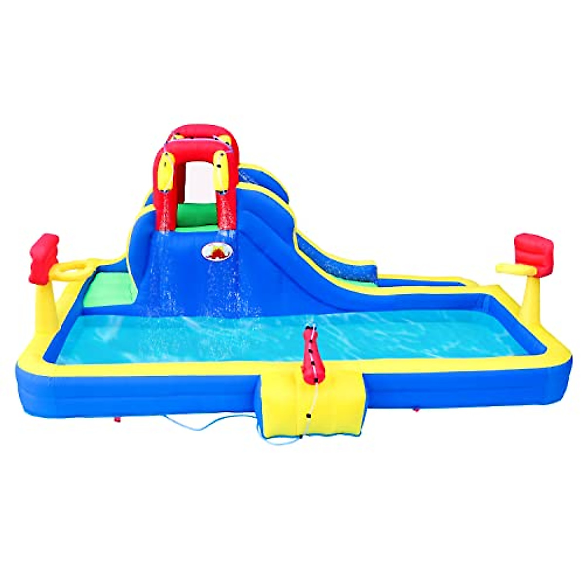 WELLFUNTIME Inflatable Water Park with Blower, Slide with Water Cannon and Double Basketball Rings