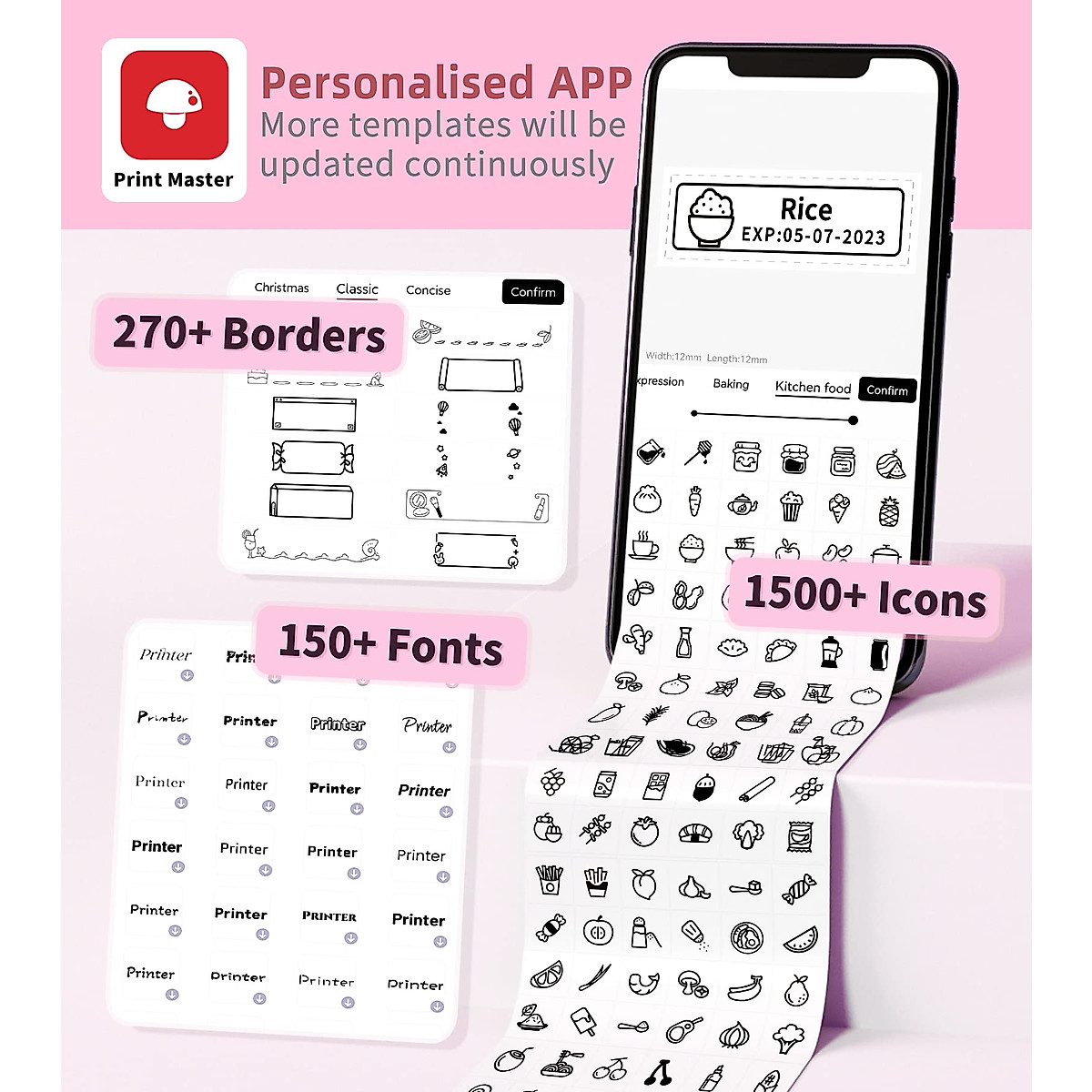 Vixic D1600 Bluetooth Label Maker (Comes with 4 Color Label Tapes) Bundle 6 Color Standard Label Tapes, 12mm (1/2 Inch), Compatible D1600 Label Maker