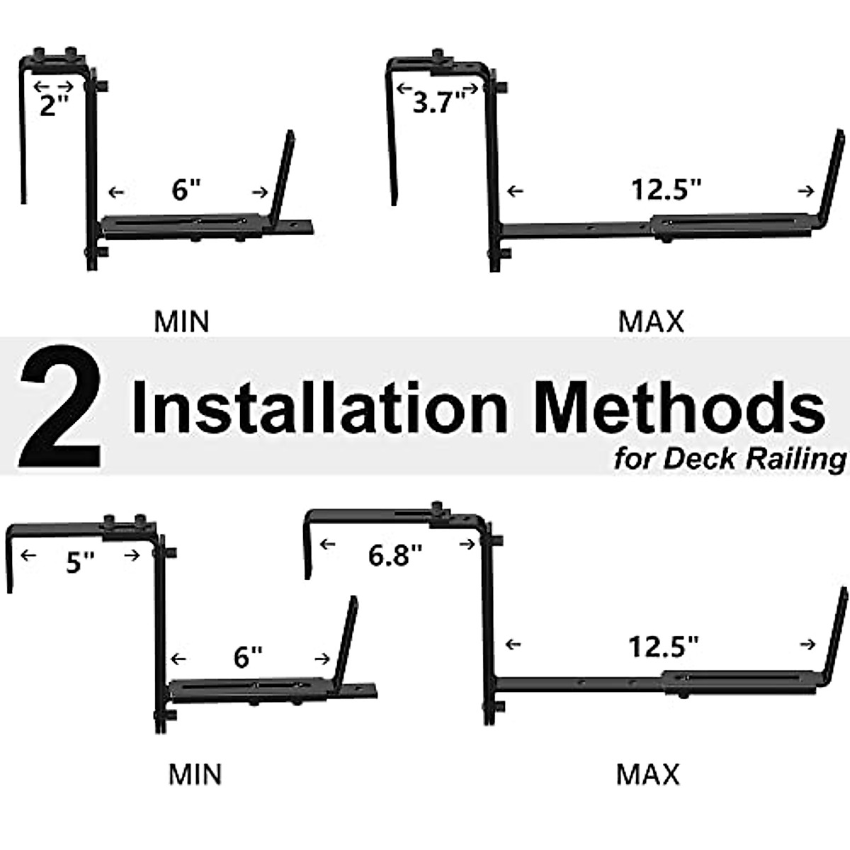 Y&M 4 Pcs Deck Railing Adjustable Planter Box Brackets (6 to 12.5 in), Universal Window Box Brackets, Heavy Duty Iron Flower Box Wall Mounting Hooks for Balcony, Fences, Patio, and Garden - Black