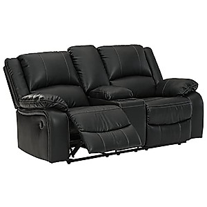 Signature Design by Ashley Calderwell Faux Leather Manual Double Reclining Loveseat with Storage Console, Black