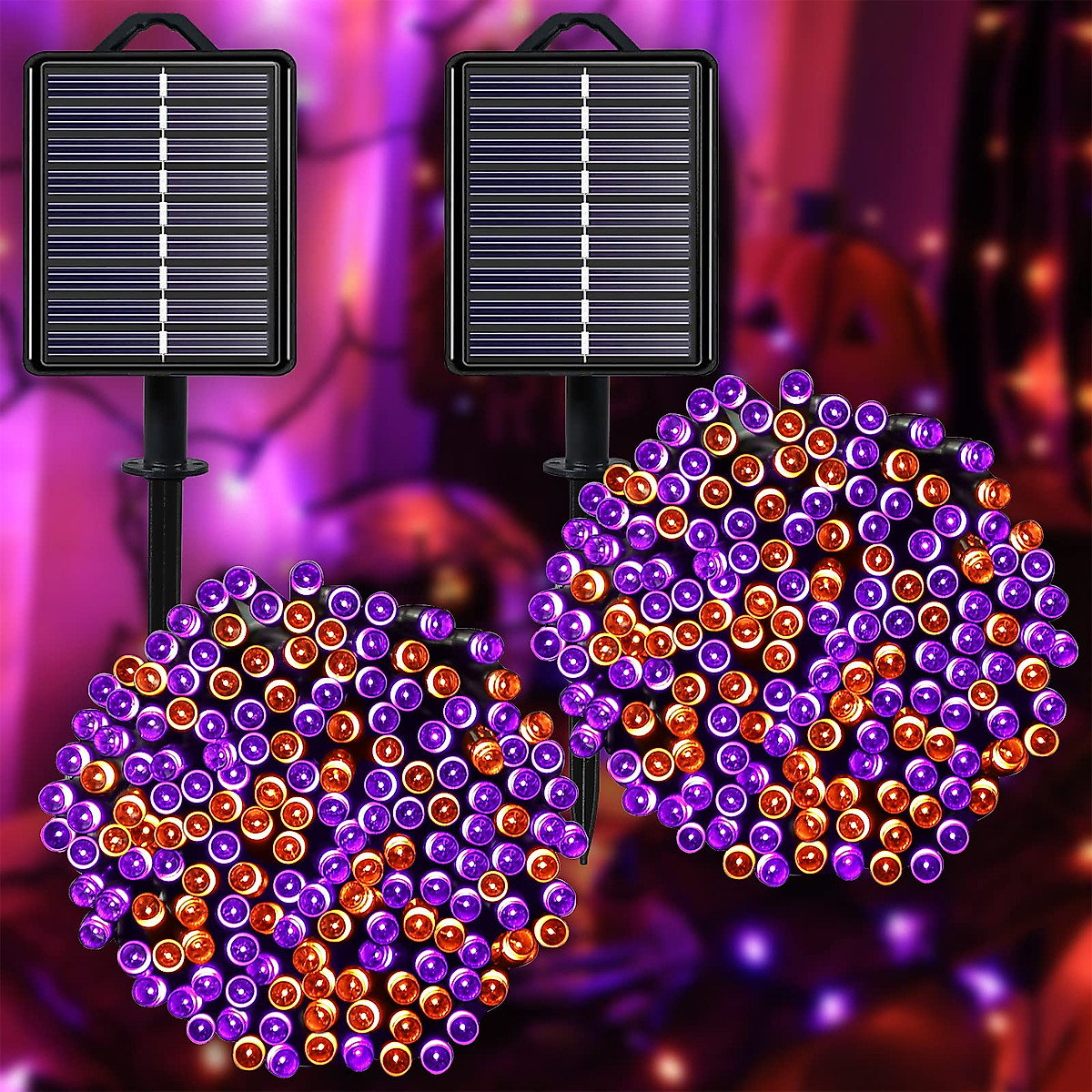 Halloween Decorations Outdoor Solar String Lights Orange & Purple, Outside 2Pack Total 144ft 400 LED 8 Modes with Timer, IP44 Waterproof Spooky Gothic Lights for Party, Patio, Tree, Garden Decor