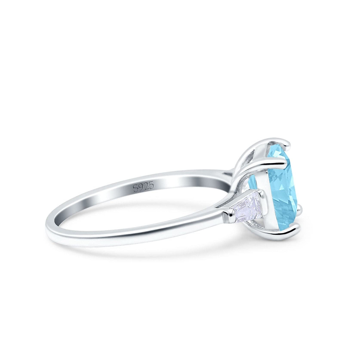 Blue Apple Co. Simulated Aquamarine Cubic Zirconia Size-7 Cushion Cut Art Deco Wedding Bridal Ring Baguette CZ 925 Sterling Silver