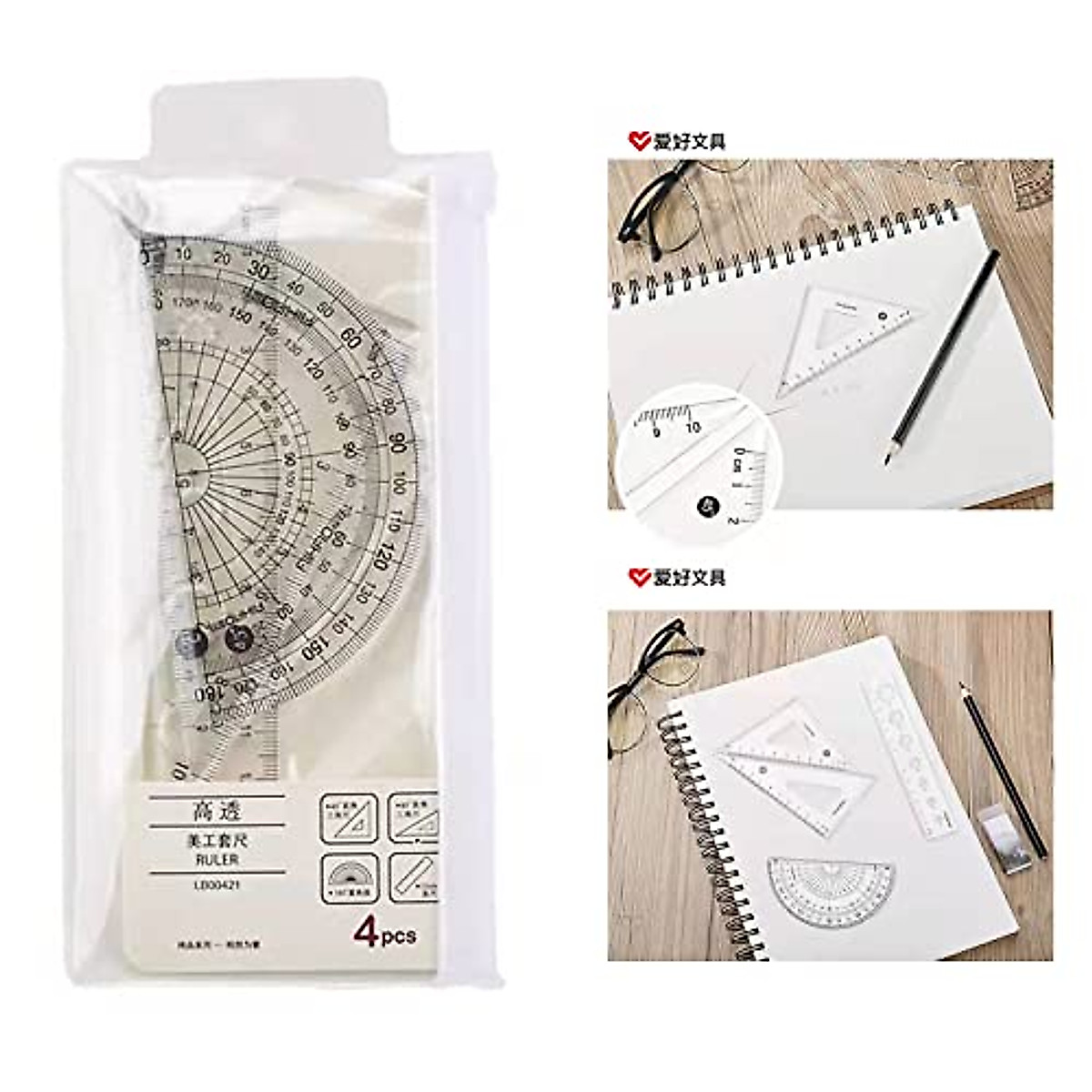 kmobruzy 4Pcs Math Geometry Tool Set Includes Plastic Clear Ruler Protractor Ruler for School Office-Home Supplies Ruler Measuring Tool
