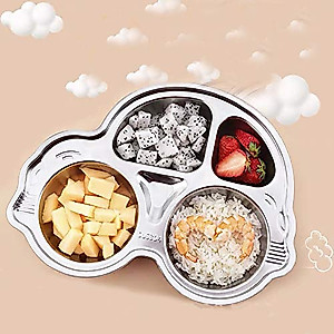 Stainless Steel Plate Divided Meal Tray Sections Dinner Dish for Babies, Toddlers and Kids Eating Food Car Shape BPA-Free Safe Fun Non-Toxic Heavy Duty (Silver 1 Pack)