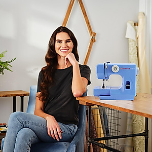 SINGER M1000 Lightweight & Portable Sewing Machine With 32 Stitch Applications, LED Light & Top drop-in bobbin for Hems | Great for Mending - Blue