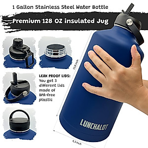 LUNCHALOT 1 Gallon Water Bottle Jug - 128 Oz Insulated Stainless Steel Metal Water Bottle with Holder - Carrying Bag - Spout Handle - Straw Lids - Keep Cold & Hot - Blue Tactical Flask