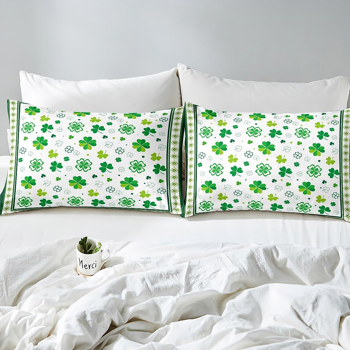 Manfei St. Patrick's Day Duvet Cover Set Queen Size, Lucky Clovers Comforter Cover with 2 Pillowcases, Green Shamrocks Bedding Set 3pcs for Kids Boys Girls Bedroom Decor Lightweight Bedspread Cover