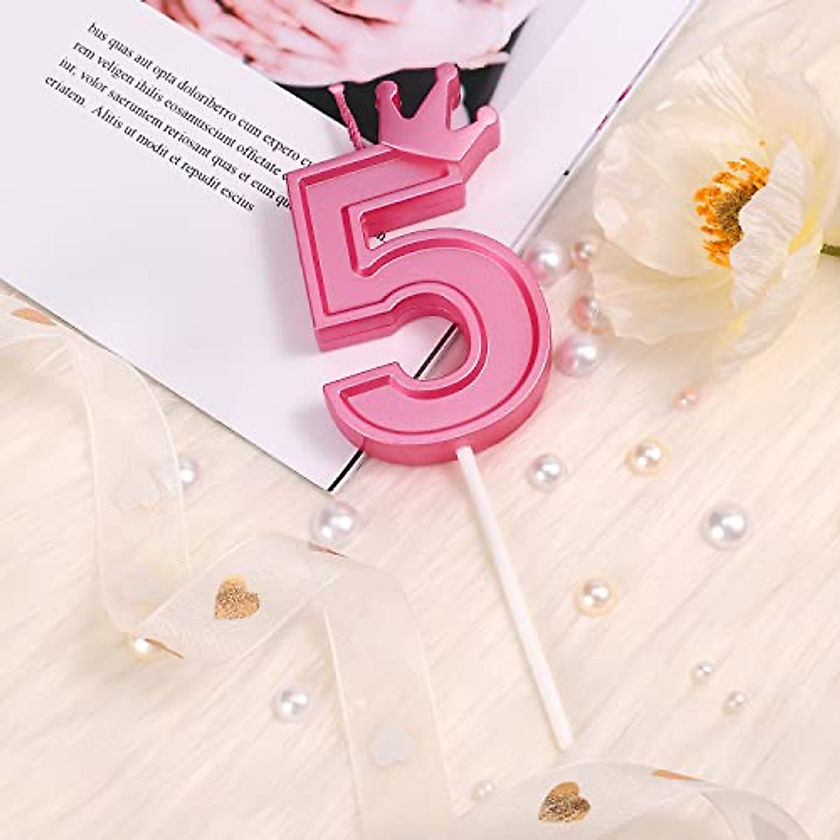 3 Inch Birthday Number Candle, 3D Number Candle with Crown Decor Large Cake Topper Number Candles for Birthday Cakes Wedding Anniversary Graduation Festival Party (Pink, 5)
