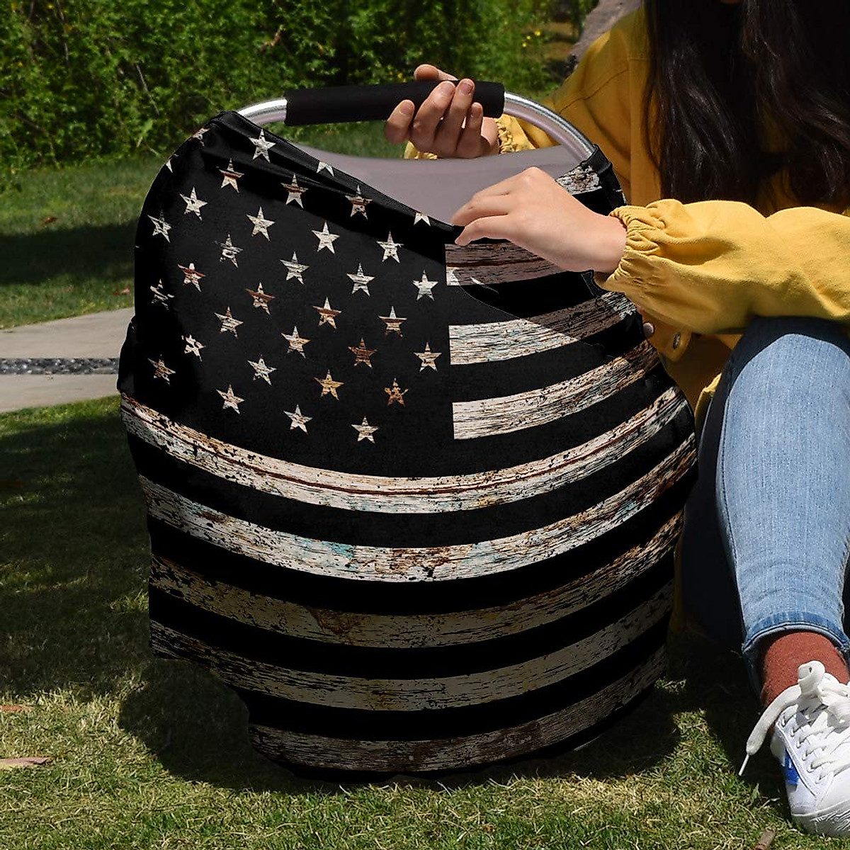 Shabby Chic American Flag on Wooden Grain Baby Nursing Cover for Breastfeeding, Breathable Stretchy Nursing Scarf Carseat Canopy for Boys or Girls Stroller Car Seat Covers Western Farm