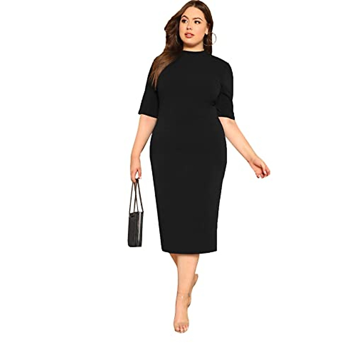 Floerns Women's Plus Size Mock Neck Short Sleeve Bodycon Pencil Midi Dress Black Pure 2XL