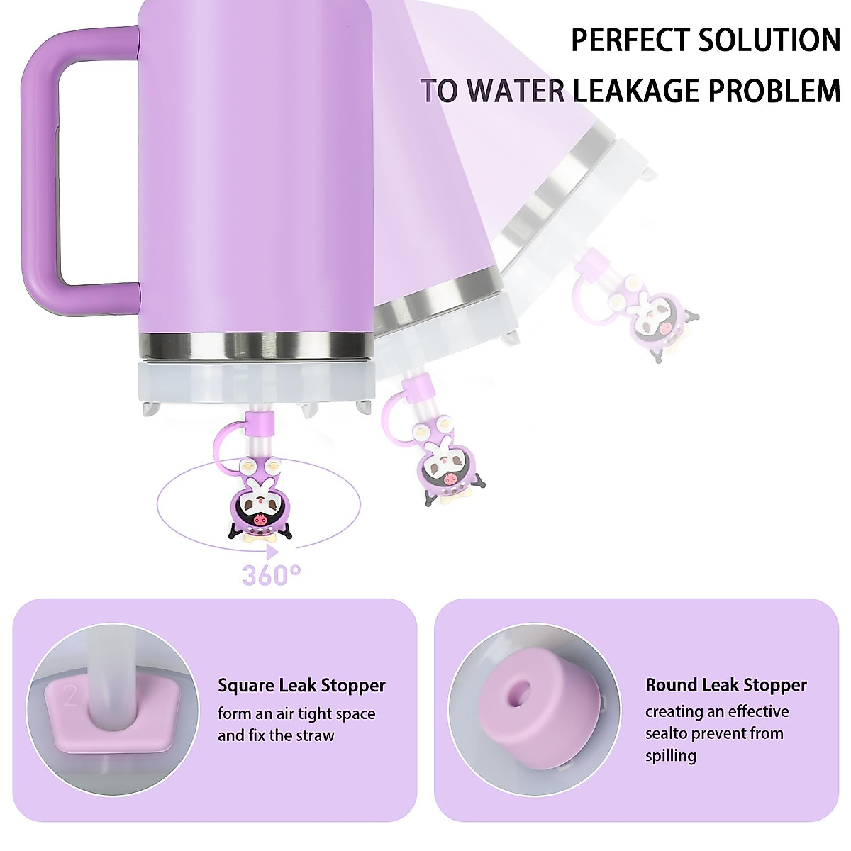 Stanley Cup Accessories Set Including 2 Pcs Silicone Spill-Proof Stoppers 1Pcs Decorsnap 7 Pcs Cup Decorations and 3 Pcs Straw Cover for 10MM Straws Compatible with Stanley 40oz Tumbler (Devil)