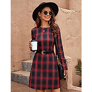 Blooming Jelly Women's Plaid Swing Dress Long Sleeve Round Neck Tunic Mini Dress(Large,Black and Red Plaid)