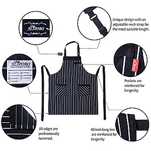ALIPOBO Aprons for Women and Men, Kitchen Chef Apron with 3 Pockets and 40" Long Ties, Adjustable Bib Apron for Cooking, Serving - 32" x 28" - Black/White Pinstripe - 1 Pcs