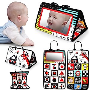 Oarifun Baby Floor Mirror Tummy Time Toys, Activity Double High Contrast Baby Toy Black and White Double Folding Baby Montessori Toys Crawling Activity Mat Floor Mirror for Infants 3 6 12 Months